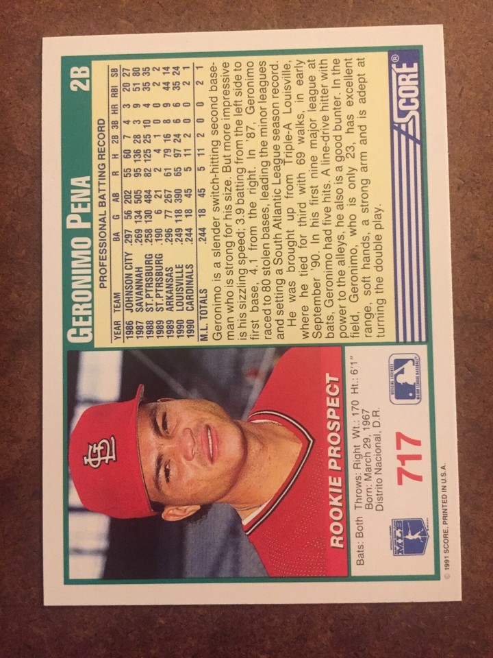 Geronimo Pena 717 Rookie Prospect Score 1991 MLB Baseball Trading Card ...
