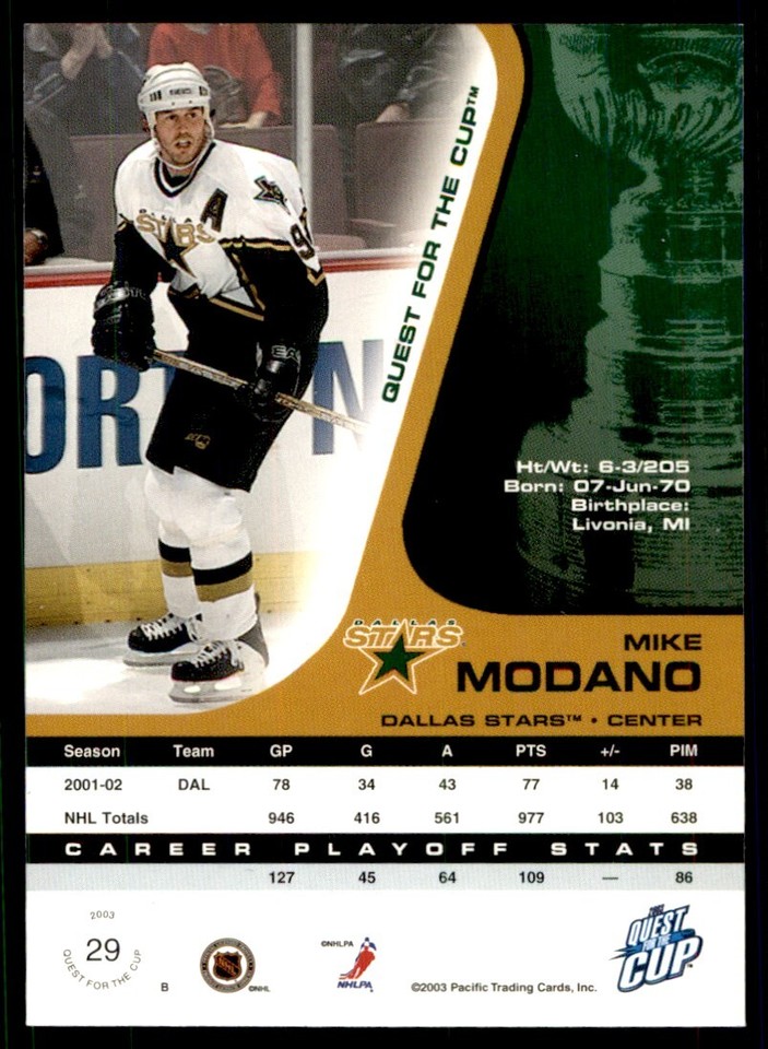 2002-03 Pacific Quest For The Cup Mike Modano Dallas Stars #29 | eBay