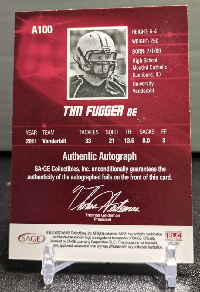 TIM FUGGER 2012 Sage HIT Auto RC Vanderbilt / Jets / Madden Legend | eBay