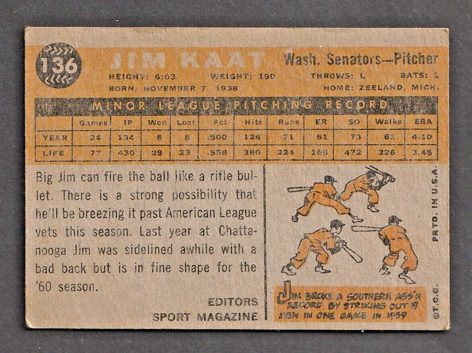 Original 1960 Topps #136 Jim Kaat Washington Senators RC Rookie HOF ...