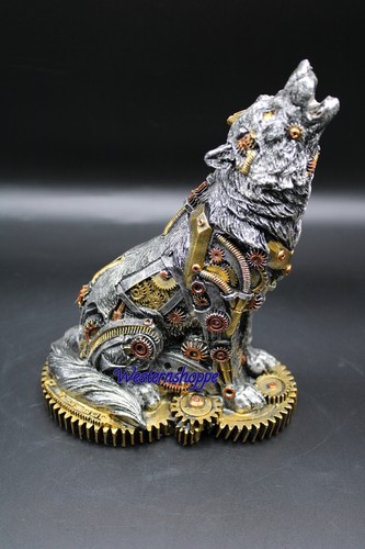 Steampunk Howling Wolf Robotic Alpha Wolf Statue On Sculpted Clockwork ...