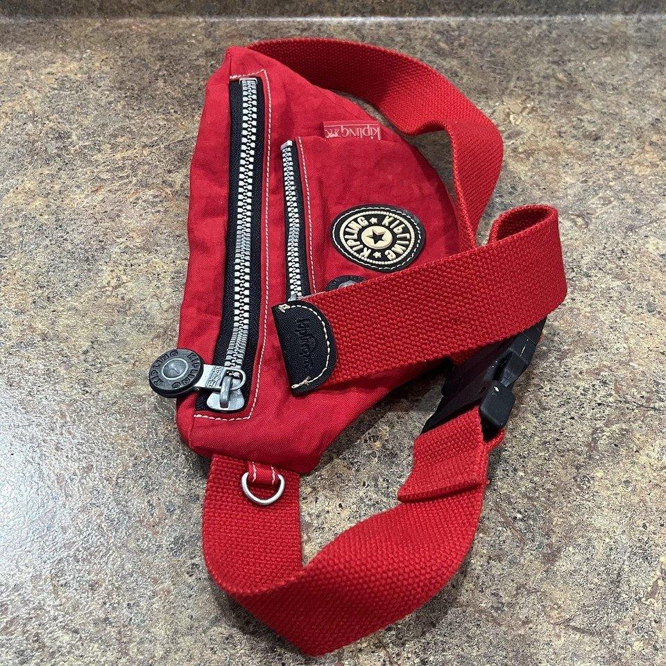 Vintage Kipling Red Nylon Fanny Pack Hip Waist Sling Belt Bag Zip EUC ...