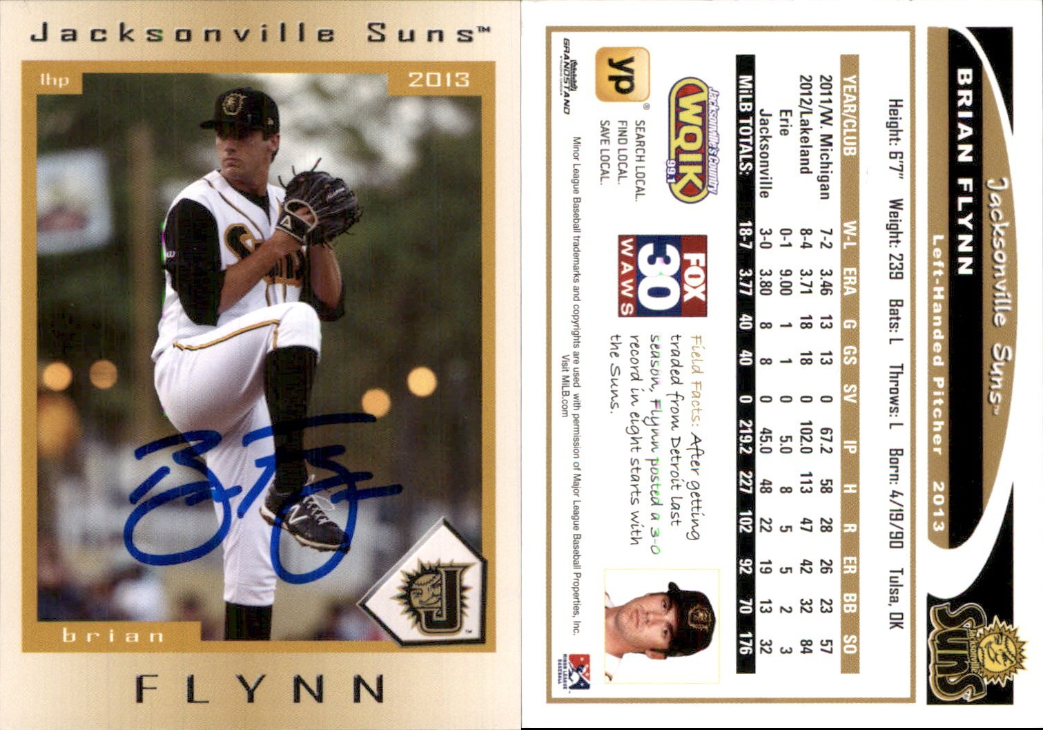 Brian Flynn Signed 2013 Grandstand Jacksonville Suns RC *Autograph Den ...