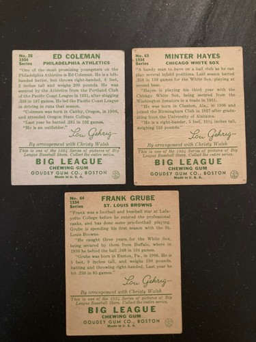 LOT (3) 1933 Goudey Baseball Cards Low Grade 28, 63, 64 Coleman, Grube ...