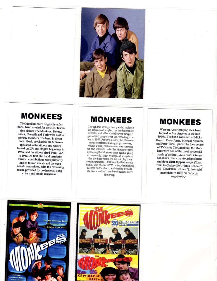 MONKEES CUSTOM NOVELTY TRADING CARD 6 CARDS SET | eBay