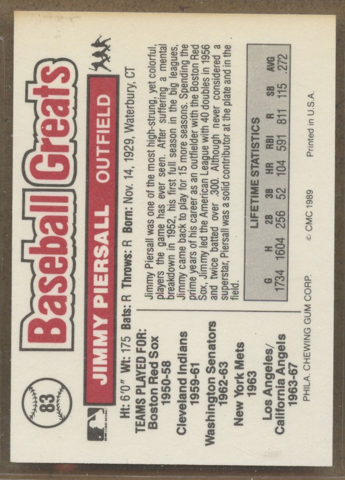 1989 Swell Baseball Greats #83 Jimmy Piersall Boston Red Sox | eBay