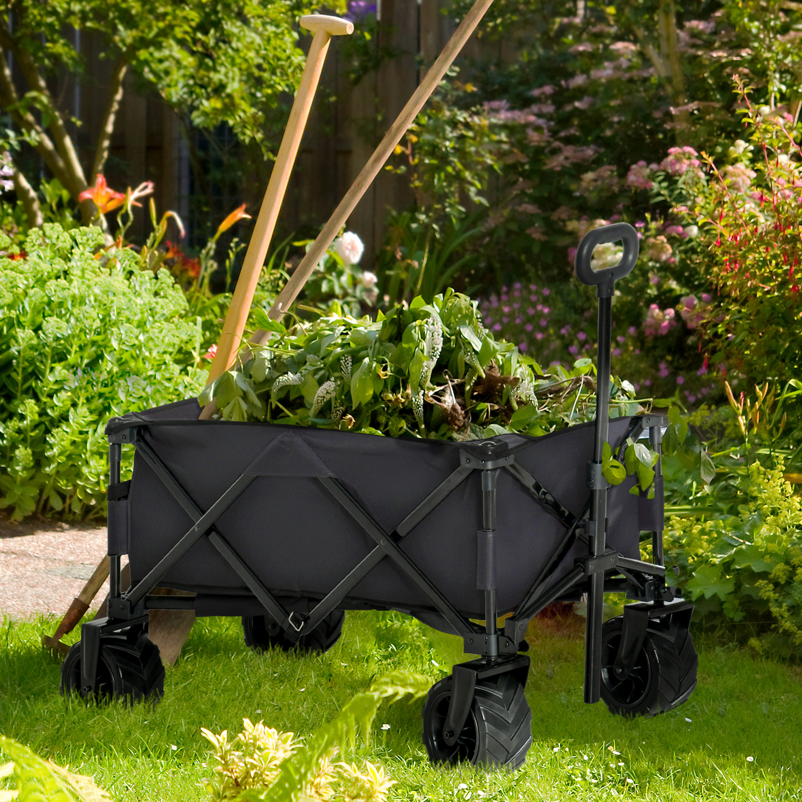 Outsunny Outdoor Pull Along Garden Trolley on Wheels Folding Beach Cart ...