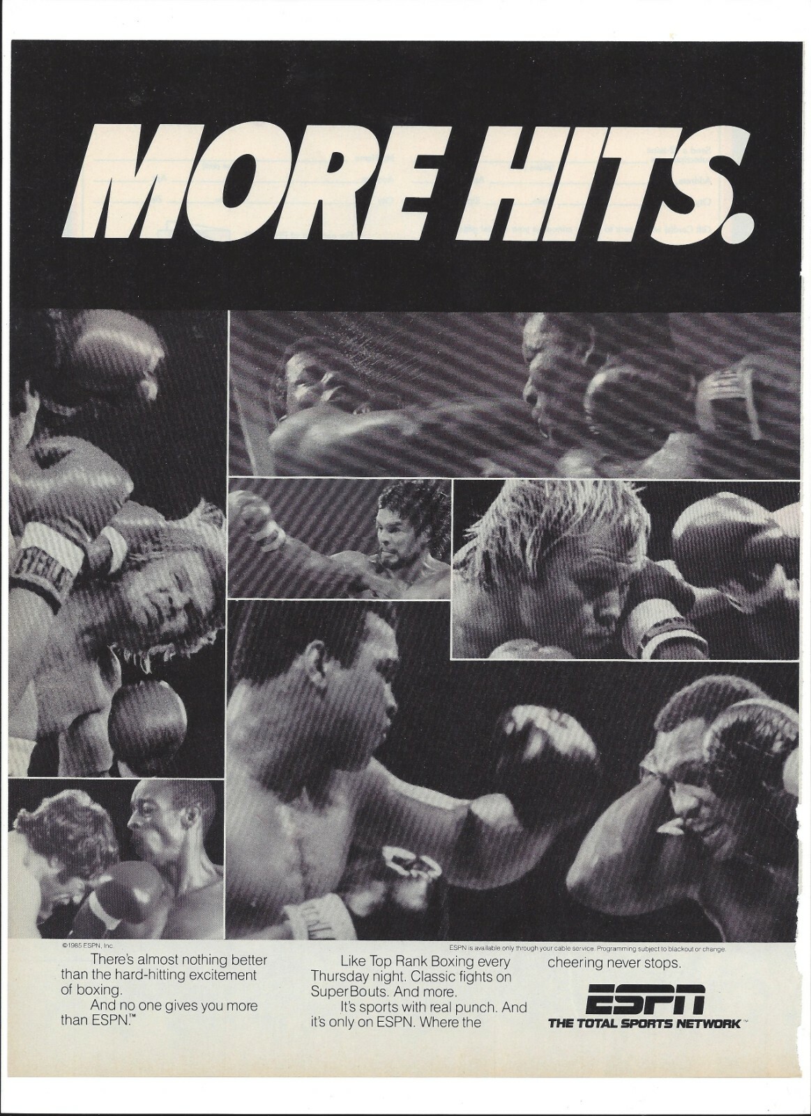 ESPN More Hits Boxing 1985 Original Print Ad 9 x 11" Playboy Magazine ...