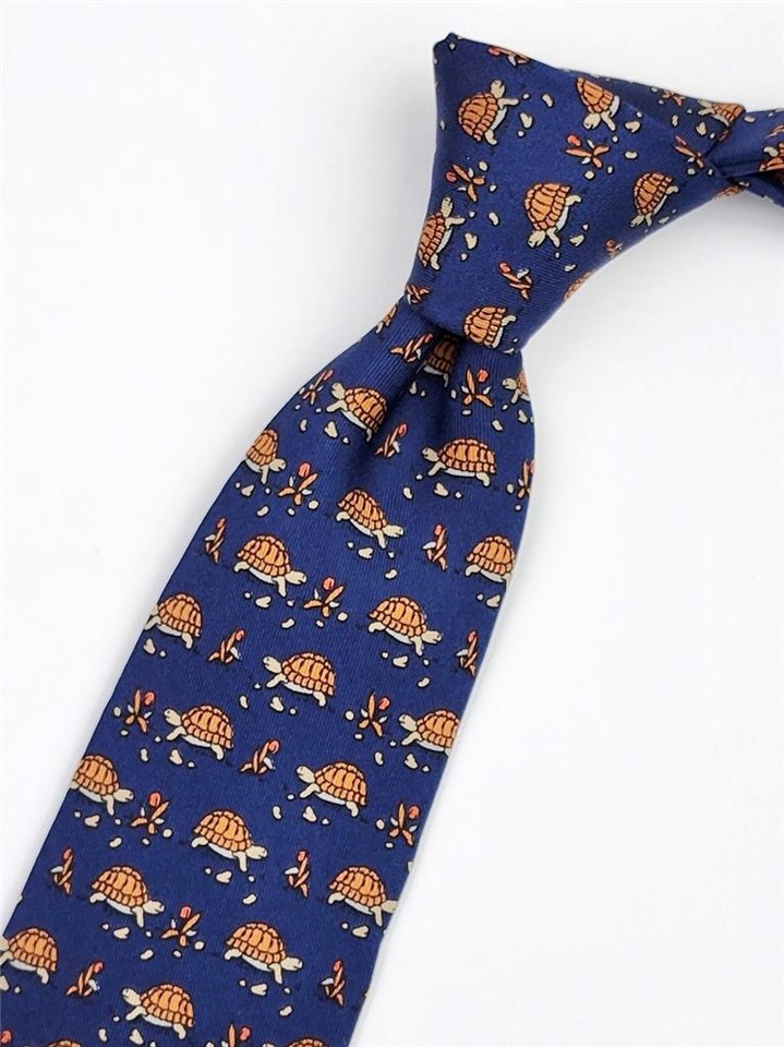HERMES TIE 7388 PA Turtle on Dark Blue Silk Necktie | eBay