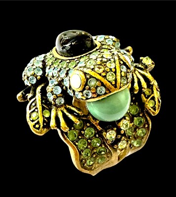 HEIDI DAUS BRASS-TONE AQUA RHINESTONE BLACK CABOCHON FROG COCKTAIL RING ...