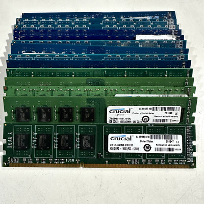 LOT of 14 4GB PC3-12800U DDR3 RAM Memory Crucial, Nanyx, Elpida, Micron ...