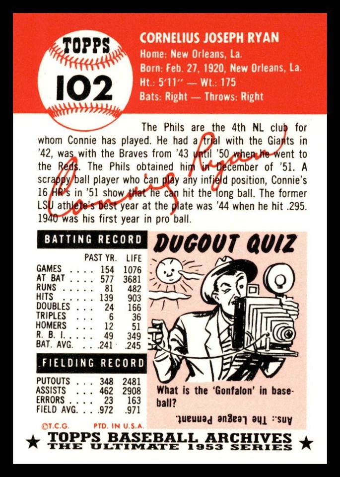 1991 Topps Archives The Ultimate 1953 Topps - Connie Ryan #102 | eBay