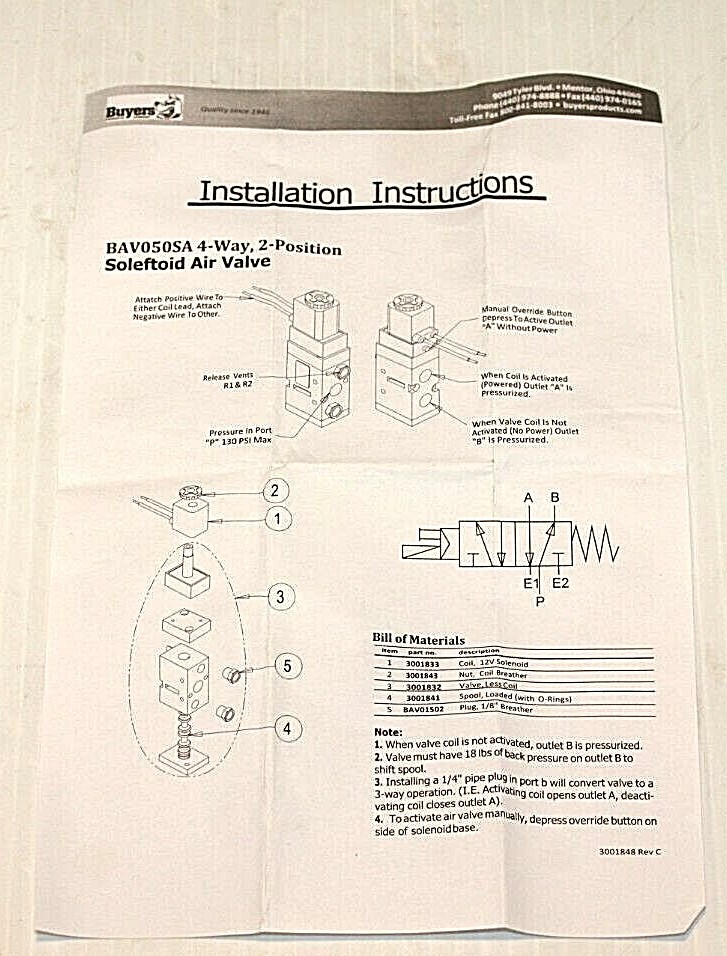 Buyers Products BAV050SA 4-Way, 2-Position Solenoid Air Valve, Dump ...