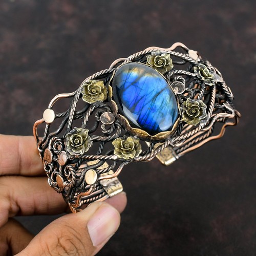 Labradorite Wire Wrapped Flower Adjustable Bangle Handcrafted Copper ...