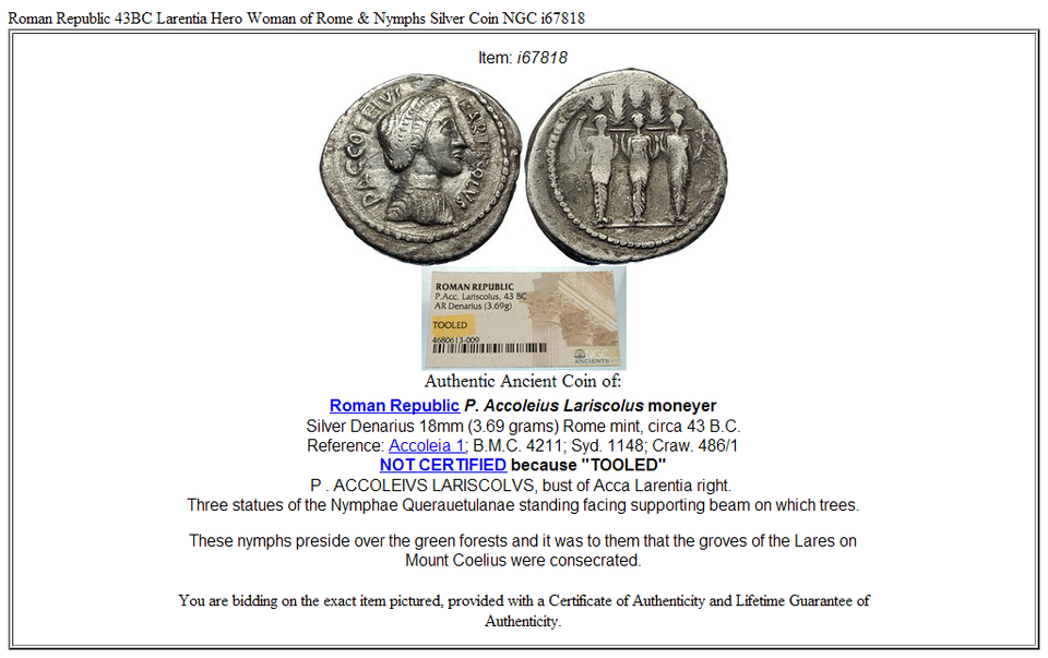 Roman Republic 43BC Larentia Hero Woman of Rome & Nymphs Silver Coin ...