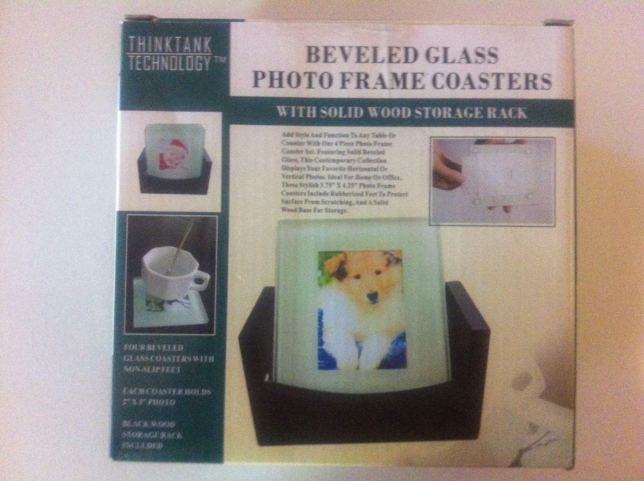 NIB - BEVELED GLASS PHOTO FRAME COASTERS, SET OF 4 IN SOLID WOOD RACK ...
