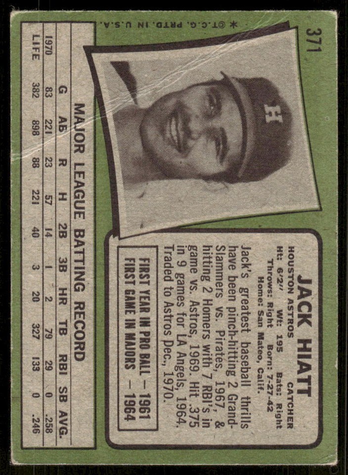 1971 Topps Jack Hiatt #371 Houston Astros Baseball Card | eBay