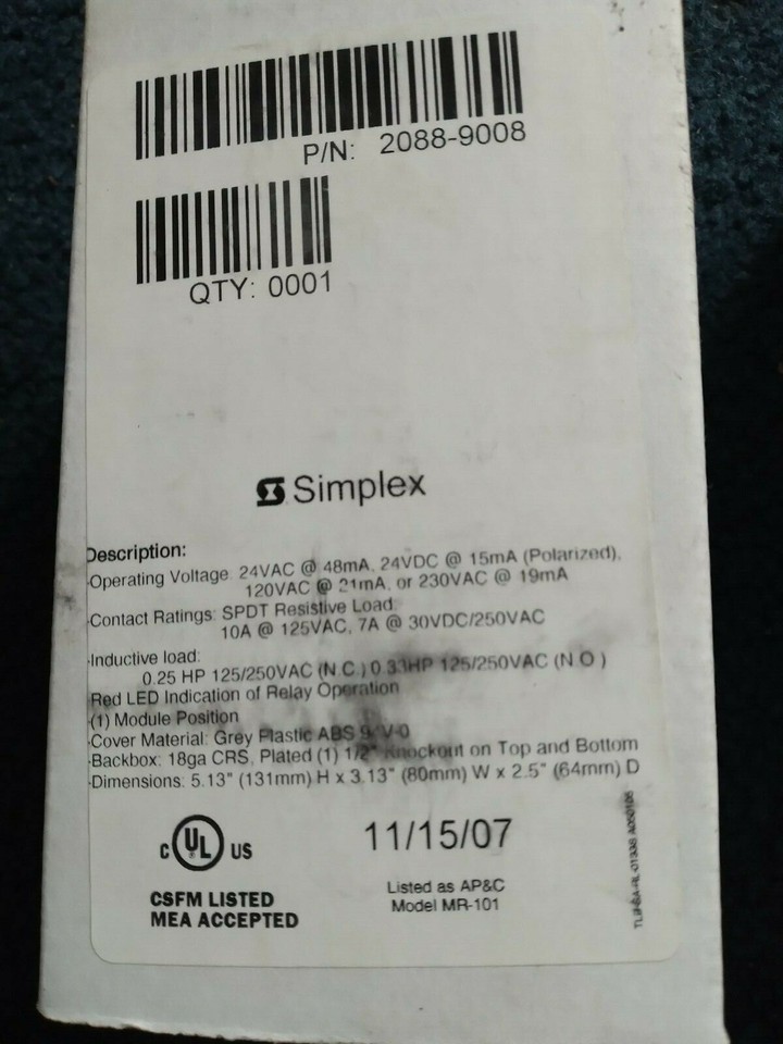 Simplex Fire Alarm Control Relay Part # 2088-9008 | eBay