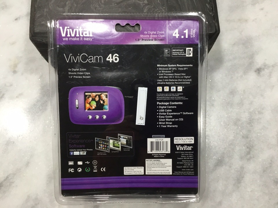 Vivitar ViviCam 46 PURPLE 4.1MP Digital Camera w/ USB Cable & Wrist ...