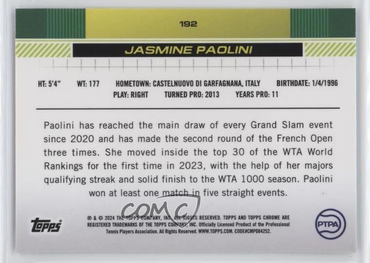 2024 Topps Chrome Sepia Refractor Jasmine Paolini #192 Rookie RC | eBay