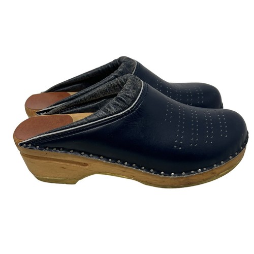 Bastad Clogs Size 40 Navy Blue Leather Mules Perforated Wood Block Heel ...
