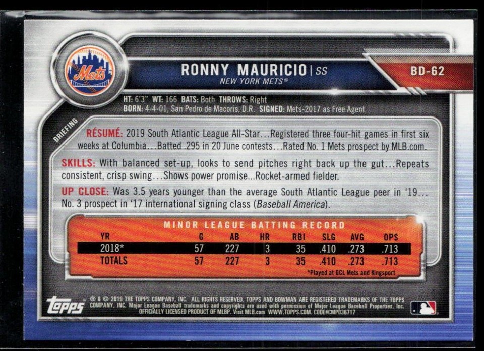 Ronny Mauricio Mets 2019 Bowman Topps Baseball Card Bd 62 Ebay