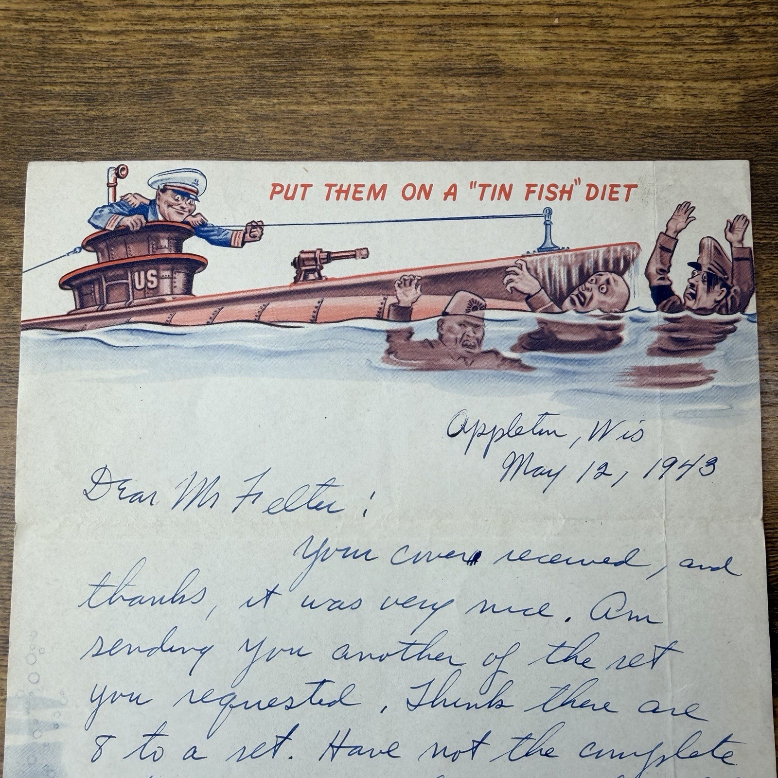 WWII 1943 Navy Anti-Axis Propaganda Letter Tin Fish Diet Submarine ...