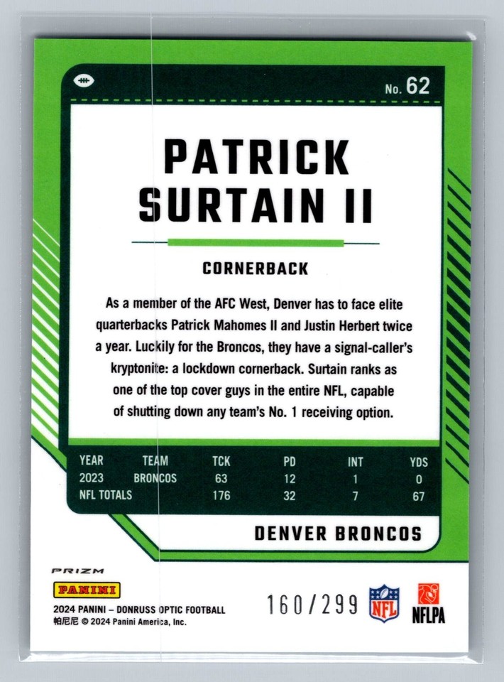 2024 Donruss Optic Patrick Surtain II Aqua #160/299 #62 | eBay