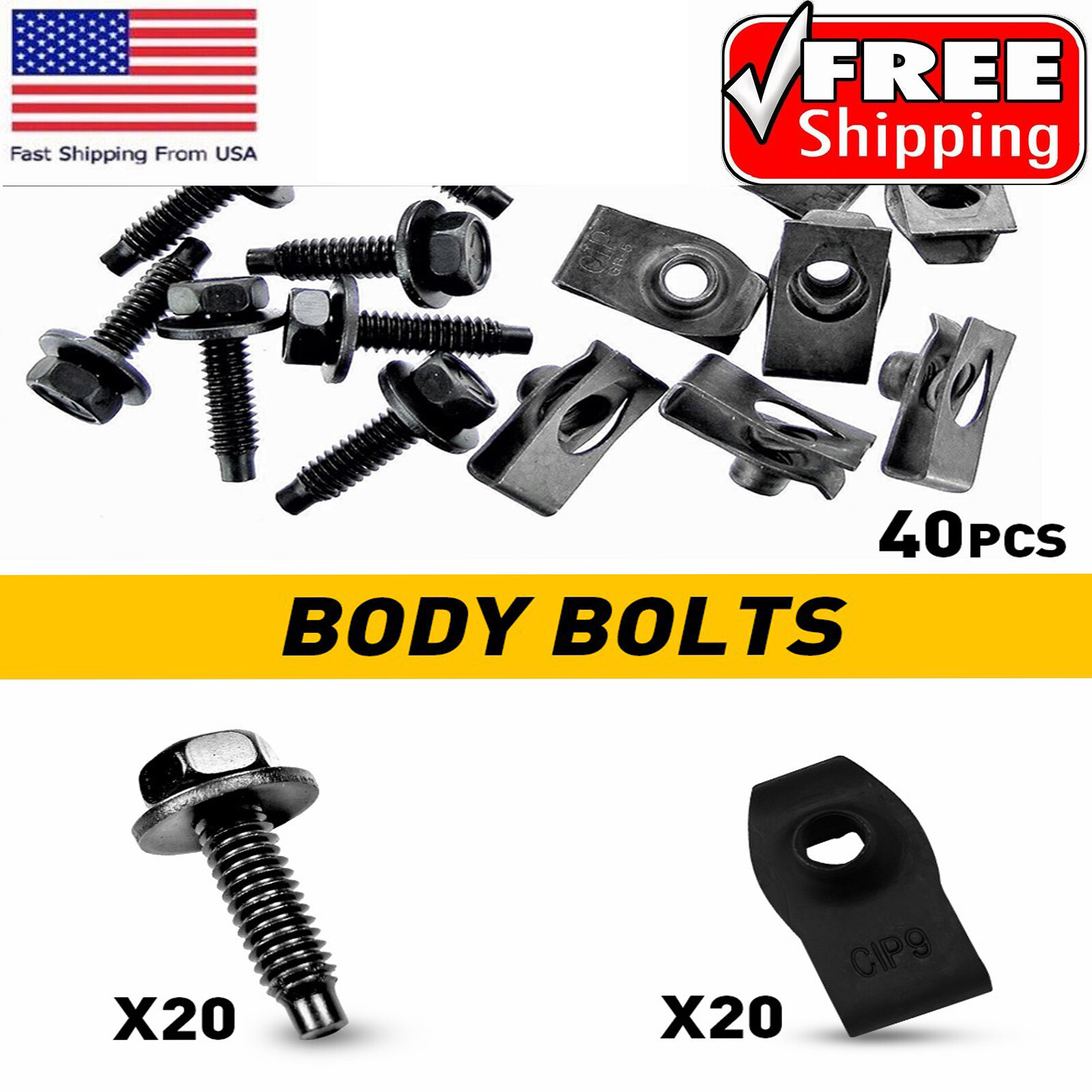For Ford Truck Body Bolts & U-nut Clips- 5/16-18 x 7/8 Length x 3/4 ...