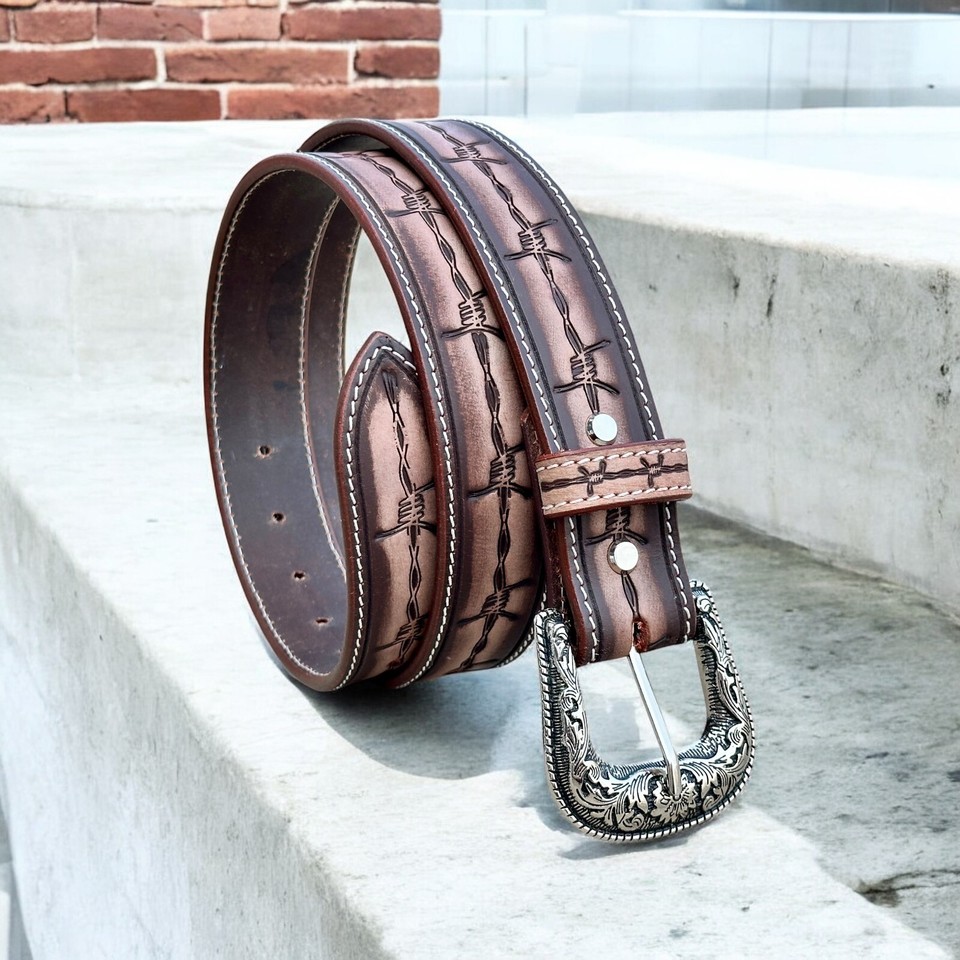 Men’s Western Leather Belt Barbed Wire Embossed – Removable Buckle ...