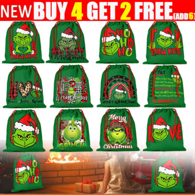 Christmas Green Grinch Sack Drawstring Bag Large Hessian Xmas Present ...