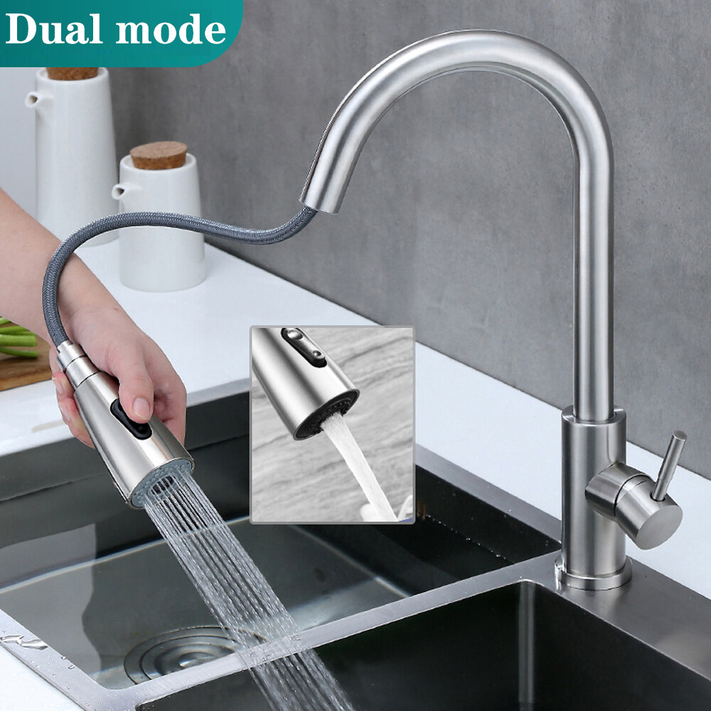 304 Stainless Steel Pull-Out Kitchen Faucet Double Outlet Sink Water ...