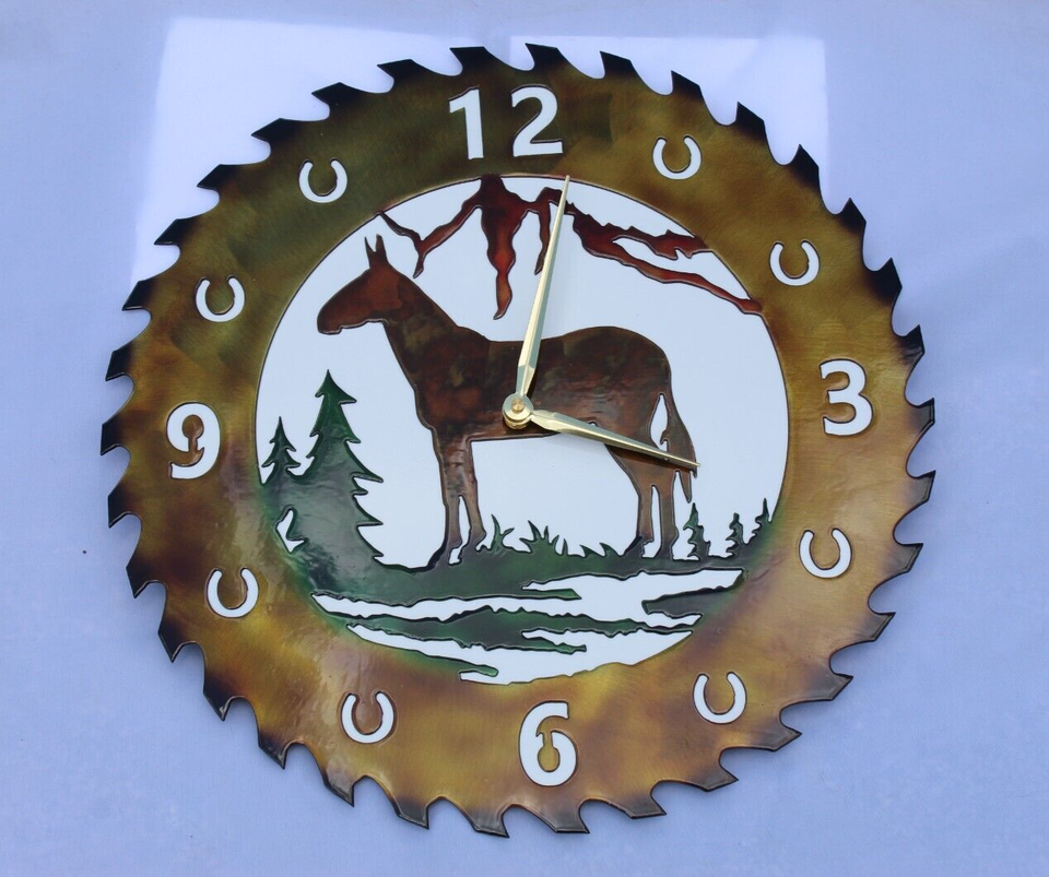 MULE Clock w Trees Mountain Plasma Cut Metal Wall Art Horse Donkey Hand ...