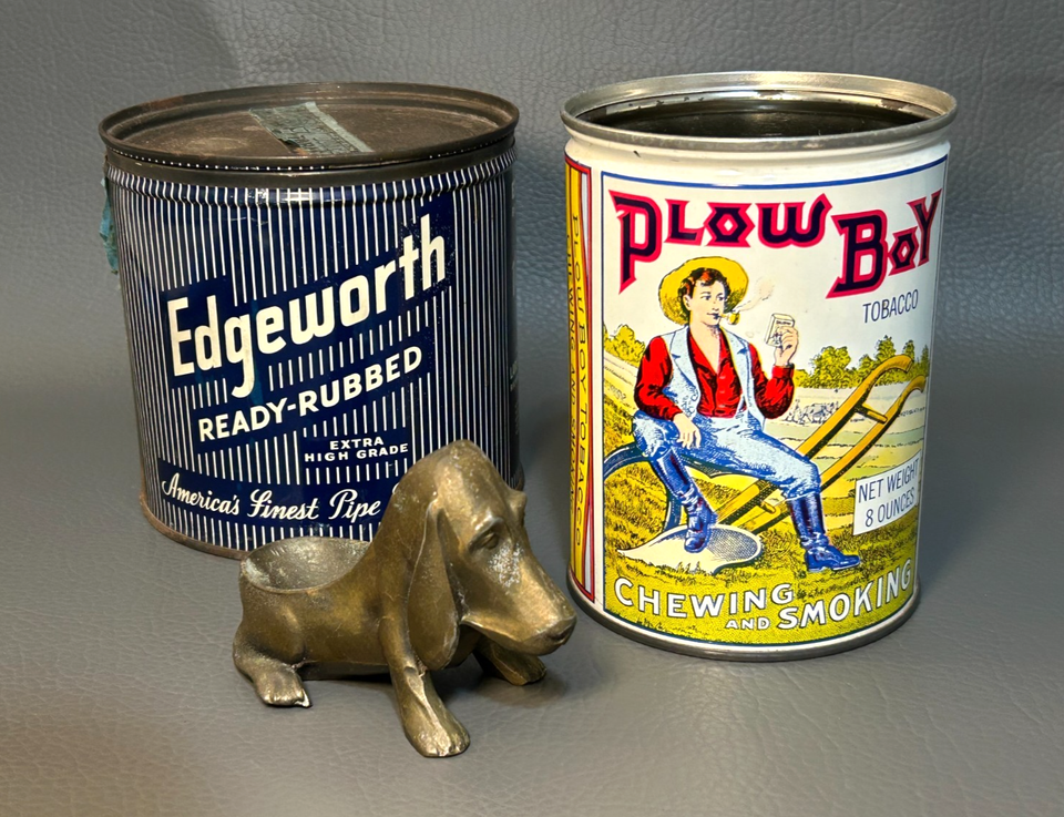 vintage pipe tobacco cans --two-- and brass pipe rest lot of three ...