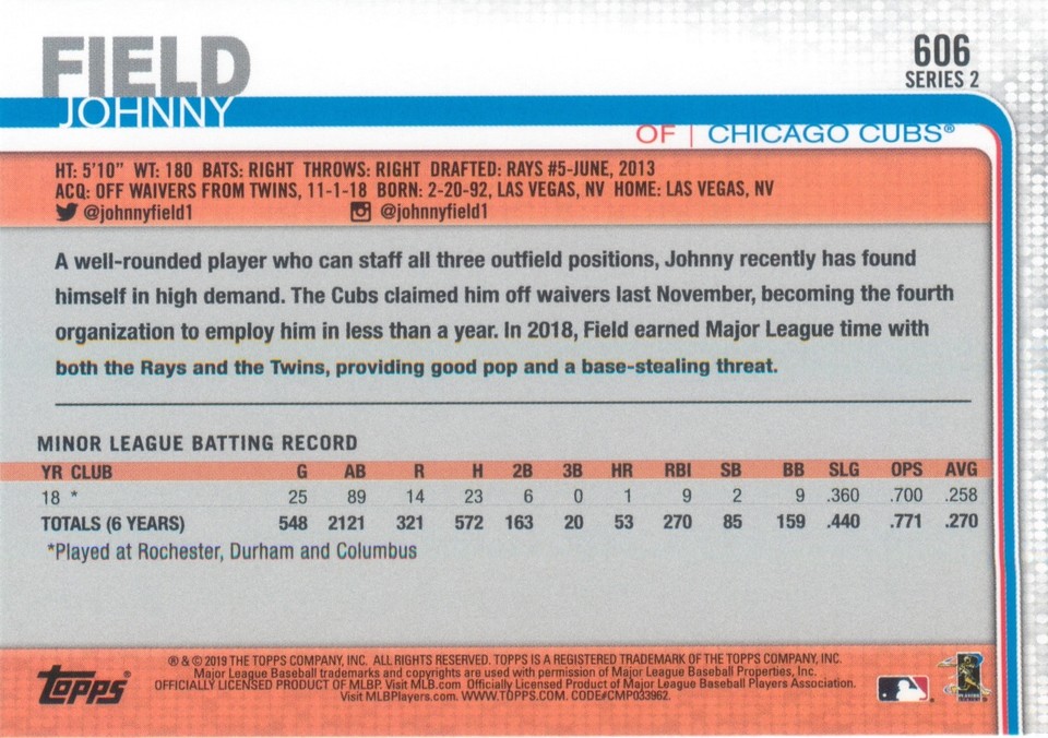 Johnny Field RC 2019 Topps Series 2 Baseball MLB Rookie Card #606 ...