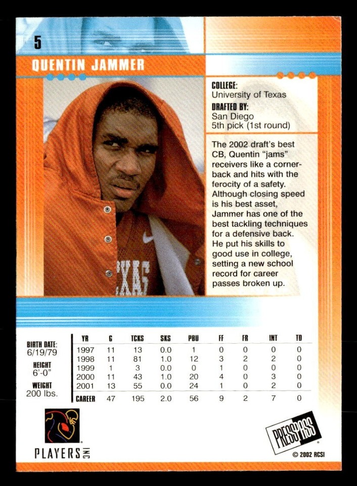Quentin Jammer 2002 Press Pass JE Rookie Card #5 Texas Longhorns | eBay