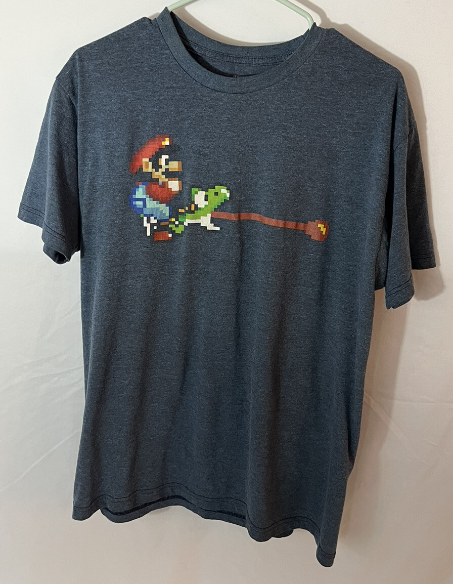 Super Mario World Pixelated Mario Riding Yoshi Grey T… - Gem