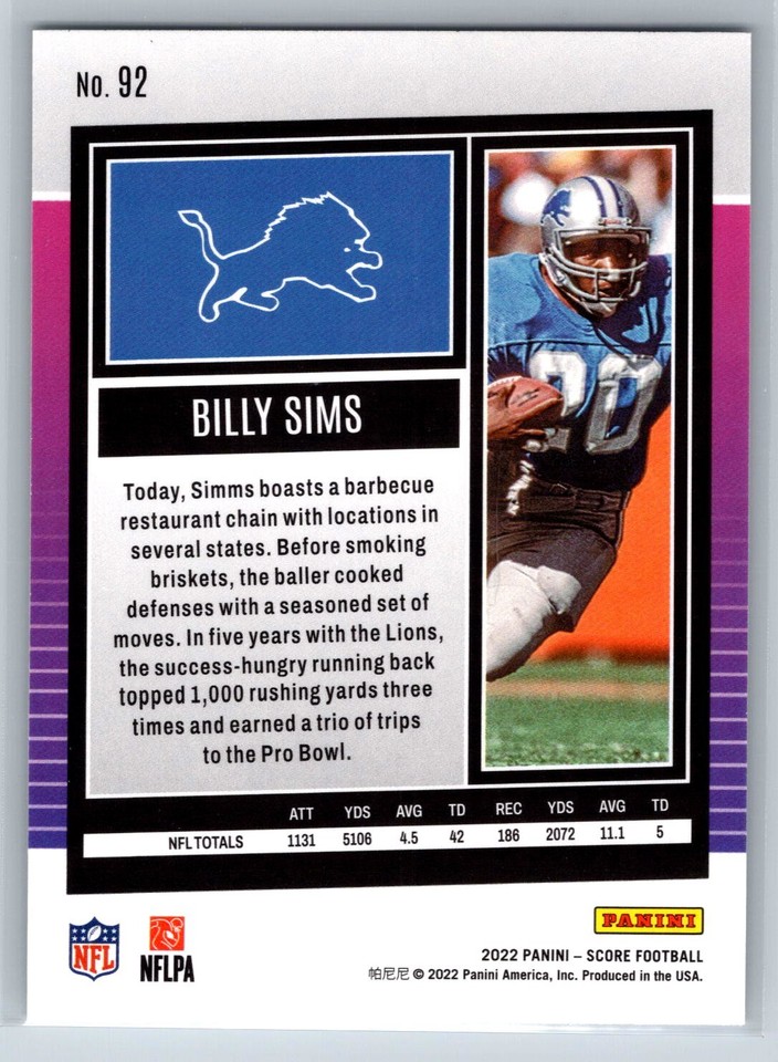 2022 Score Billy Sims Detroit Lions #92 | eBay