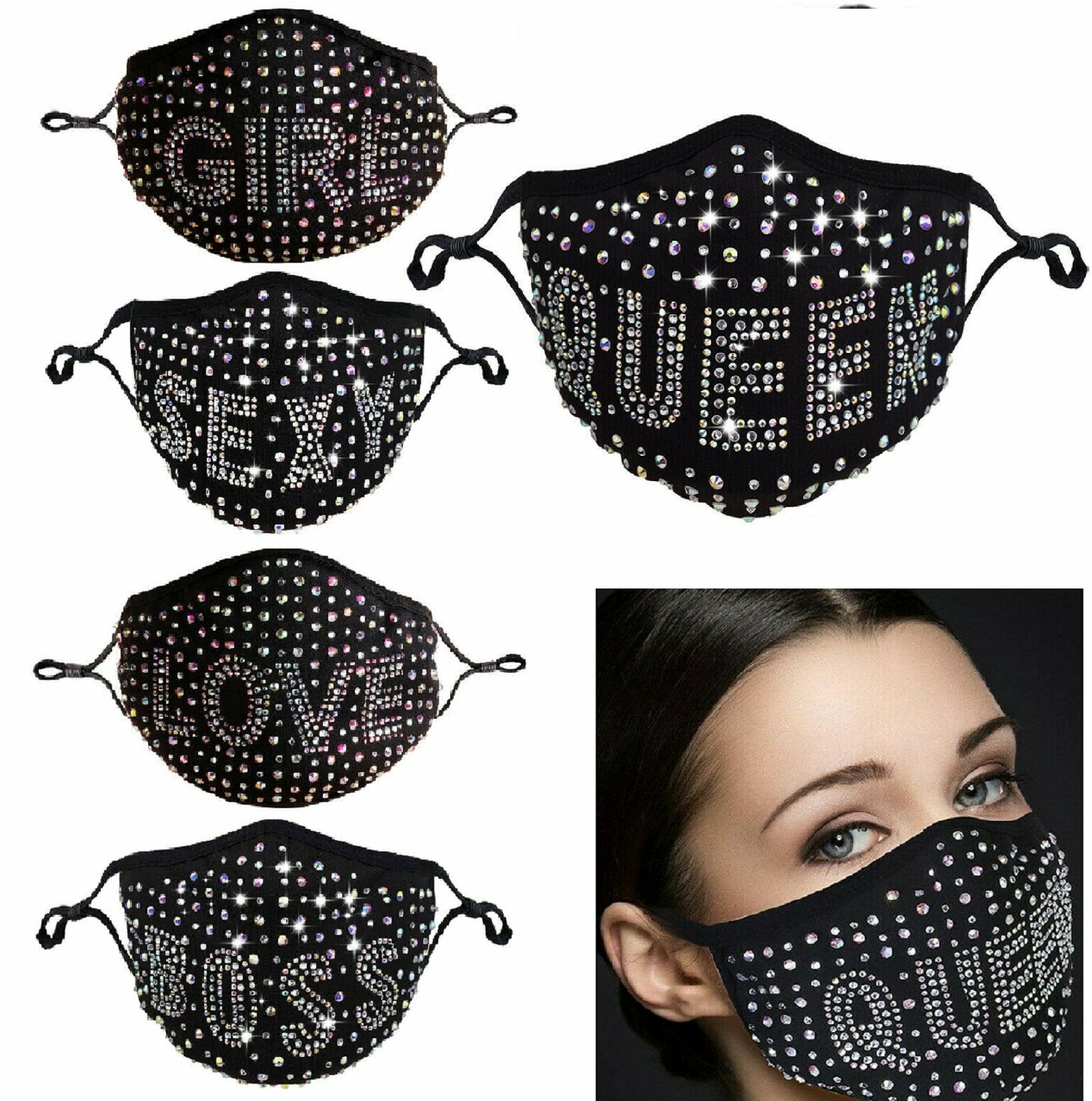 Rhinestone Bling Crystal Queen Face Mask Sparkly Reusable Adjustable | eBay