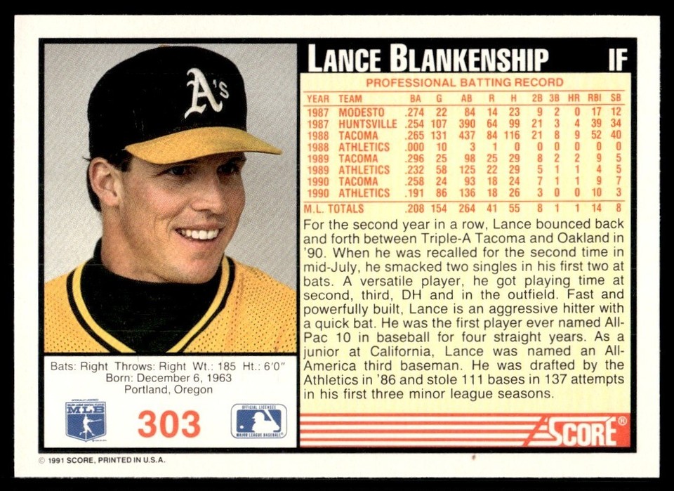 1991 Score Baseball Card Lance Blankenship Oakland Athletics #303 | eBay