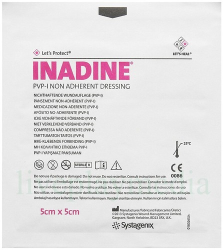 5 x Inadine 5cm x 5cm PVP Non Adherent Wound Dressing Povidone Iodine ...