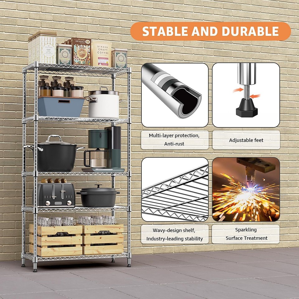 5 Tier Shelf Storage Heavy Duty Wire Shelving Garage Rack Carbon Steel ...