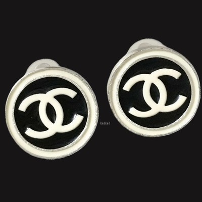 CHANEL Earrings Coco Logo Mark Silver kenkenjp CC Black Circle Medal ...
