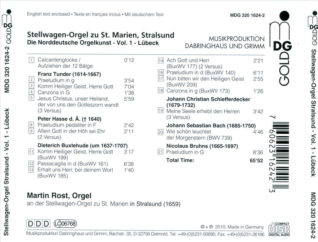 MARTIN ROST NORDDEUTSCHE ORGELKUNST, VOL. 1: LÜBECK NEW CD 760623162423 ...