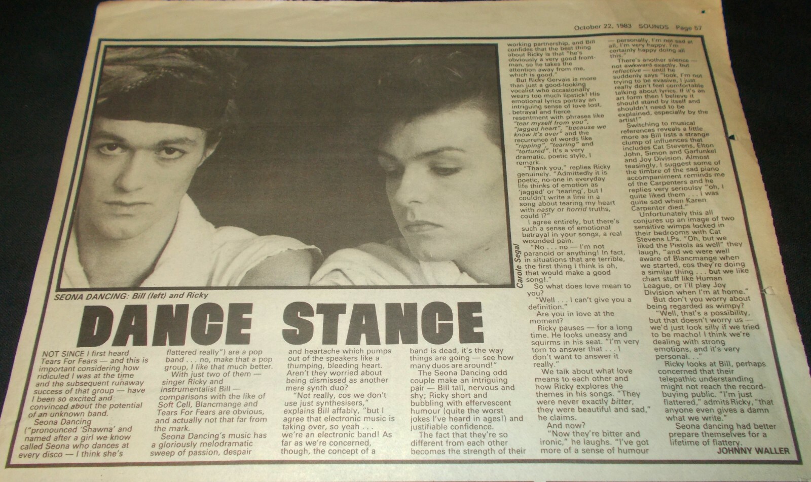 SEONA DANCING - ORIGINAL 1983 SOUNDS MAGAZINE ARTICLE (RICKY GERVAIS ...