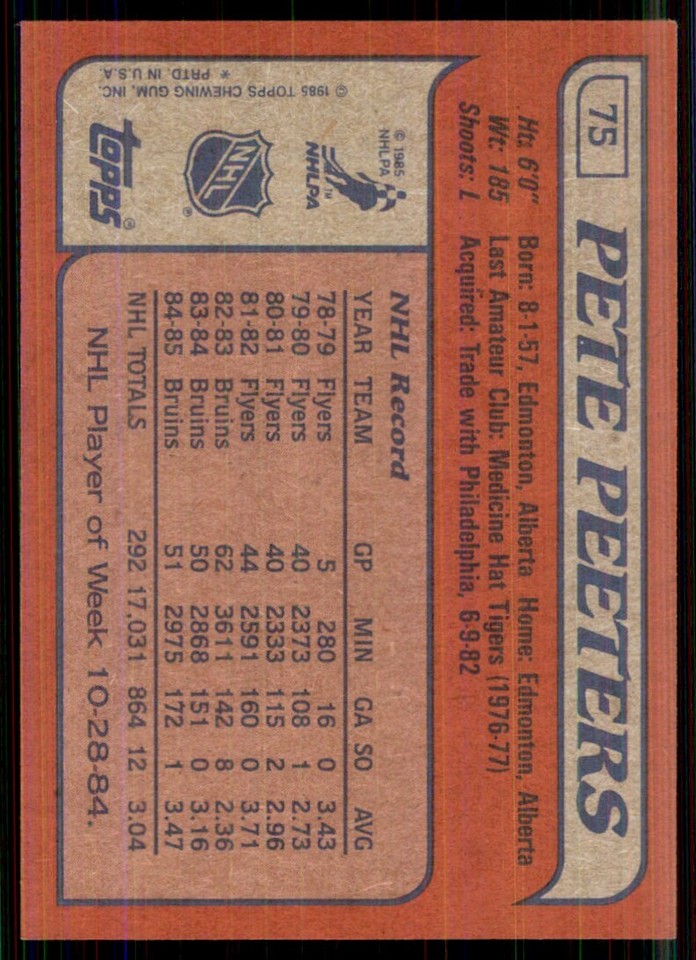 1985-86 Topps Pete Peeters Boston Bruins #75 | eBay