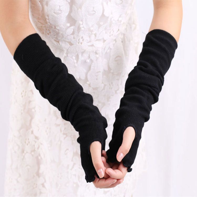 Women Wrist Arm Warmer Sleeve Elbow Flounce Knit Long Fingerless ...