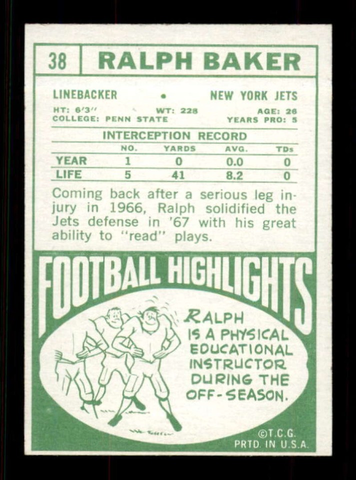 1968 Topps #38 Ralph Baker EX/EX+ NY Jets 563016 | eBay