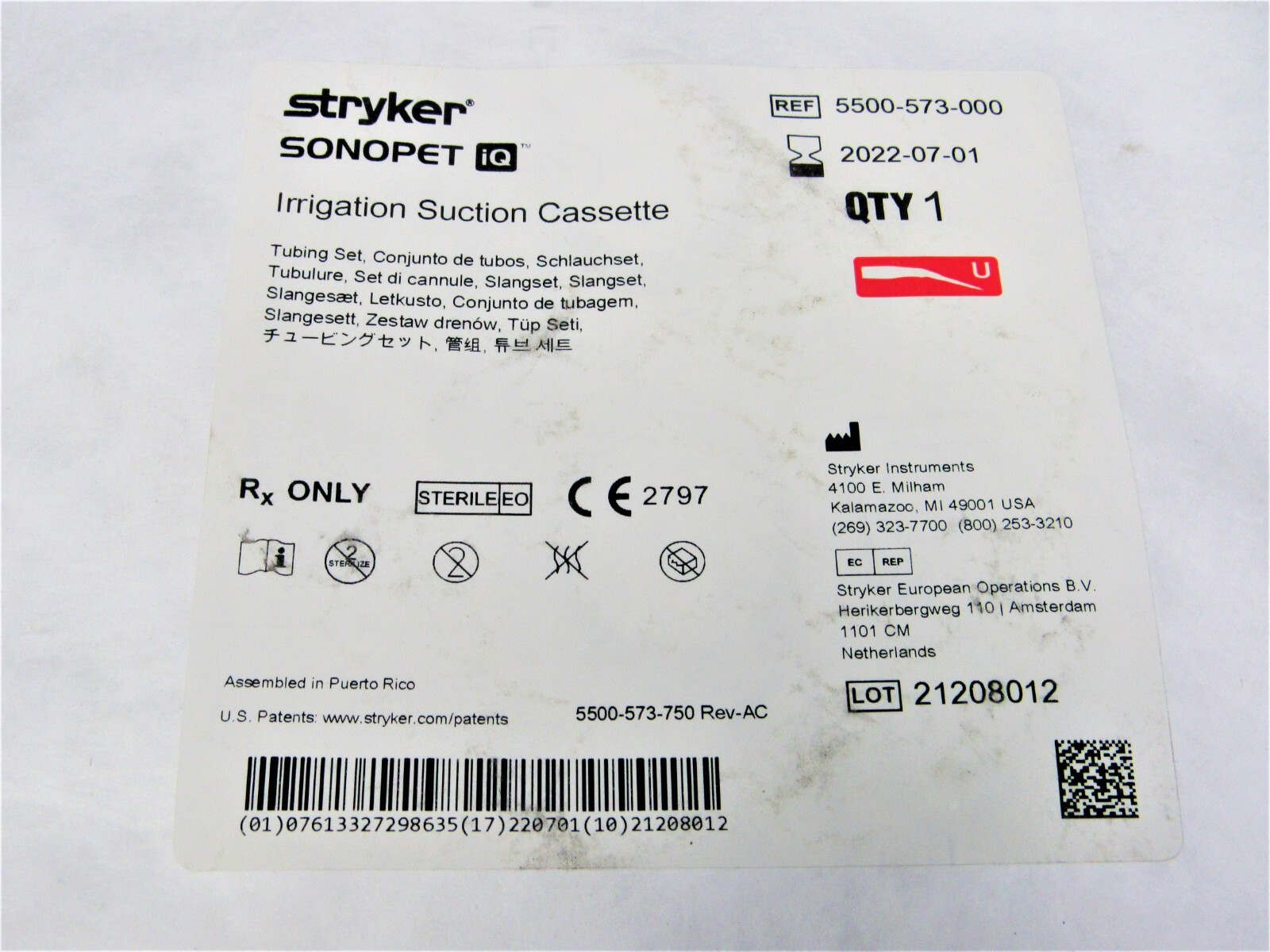 Stryker Sonopet iQ Irr/Suction Cassette 5500-573-000 Exp. 2025-10 for ...