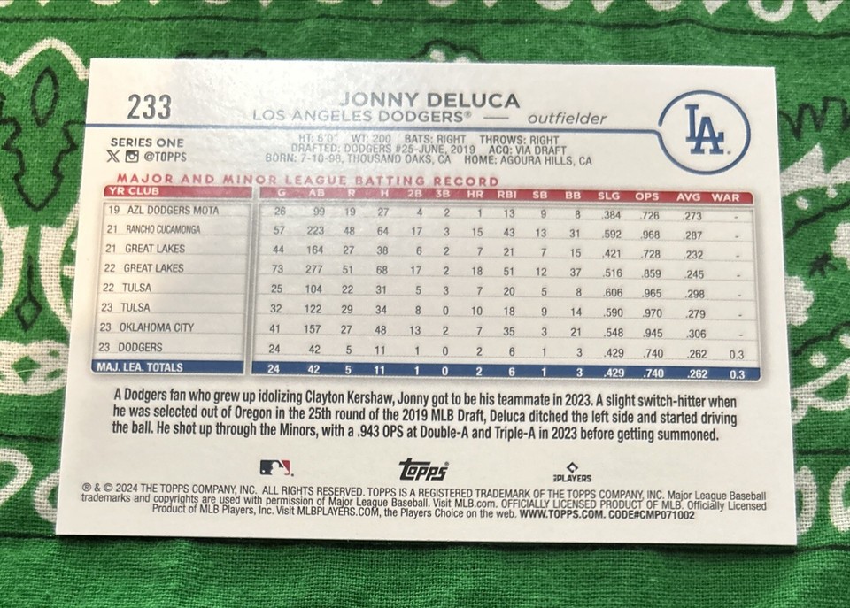 2024 Topps Jonny Deluca #233 RC Rookie Los Angeles Dodgers Baseball ...